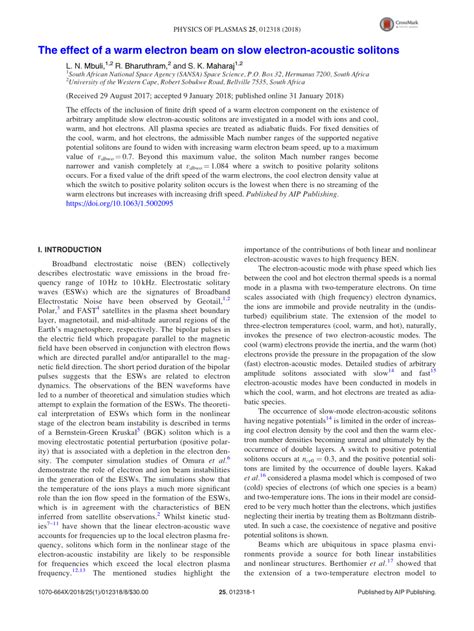 Pdf The Effect Of A Warm Electron Beam On Slow Electron Acoustic Solitons