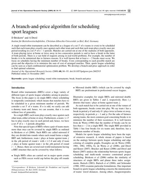 Pdf A Branch And Price Algorithm For Scheduling Sport Leagues