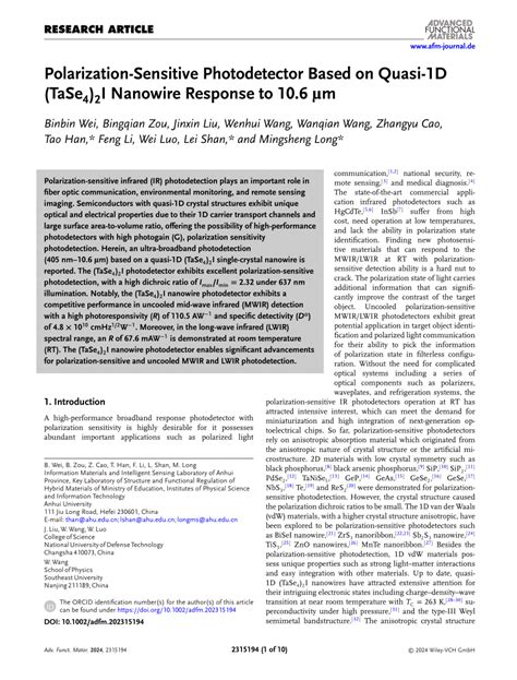 Polarization‐sensitive Photodetector Based On Quasi‐1d Tase4 2i Nanowire Response To 10 6 µm
