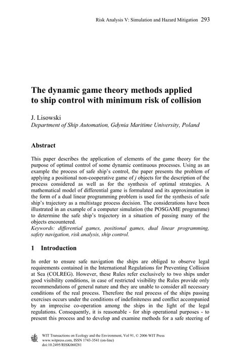 Pdf The Dynamic Game Theory Methods Applied To Ship Control With