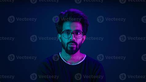Male Portrait Neon Background Shocked Amazed Astonish Wonder Indian Man Coder Hacker Computer