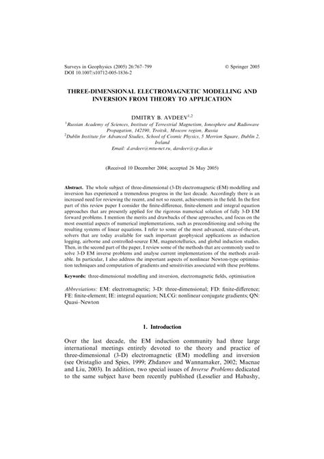 Pdf Three Dimensional Electromagnetic Modelling And Inversion From Theory To Application
