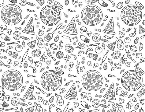 Pizza Seamless Pattern Drawing With Hand Drawn Doodles On White