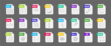 파일 형식 플랫 아이콘 세트입니다 문서 파일 아이콘 벡터 세트 Mp3 플레이어에 대한 스톡 벡터 아트 및 기타 이미지 Mp3 플레이어 Php 프로그래밍 언어