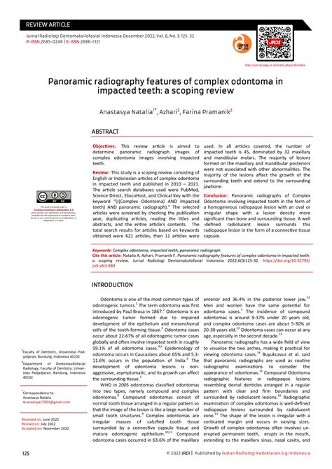 Pdf Panoramic Radiography Features Of Complex Odontoma In Impacted Teeth A Scoping Review