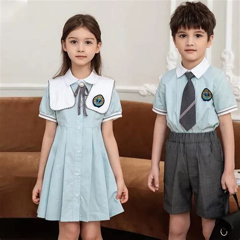 Tq7011summer British Style Blue Short Sleeved Dress Shirt Skirt School