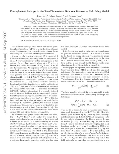 Pdf Entanglement Entropy In The Two Dimensional Random Transverse Field Ising Model