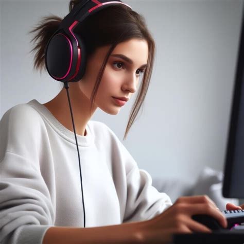 Premium Photo A Young Programmer Woman Wearing Pink Headphones Is