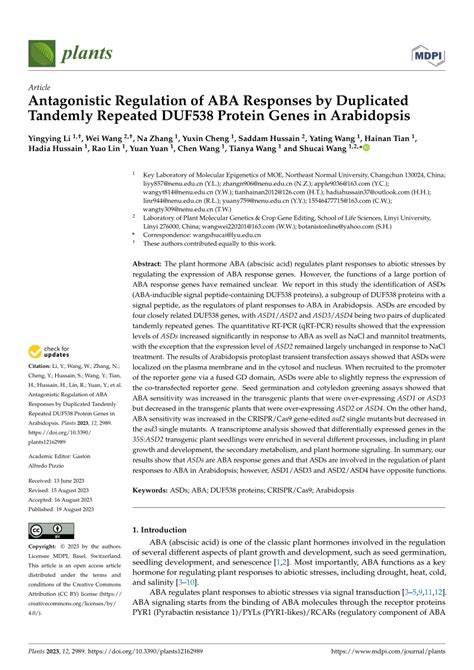 Pdf Antagonistic Regulation Of Aba Responses By Duplicated Tandemly