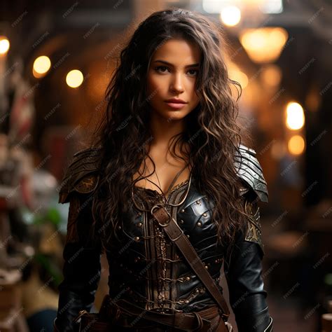 A Beautiful Young Woman Warrior Wearing Black Leather Armor Premium
