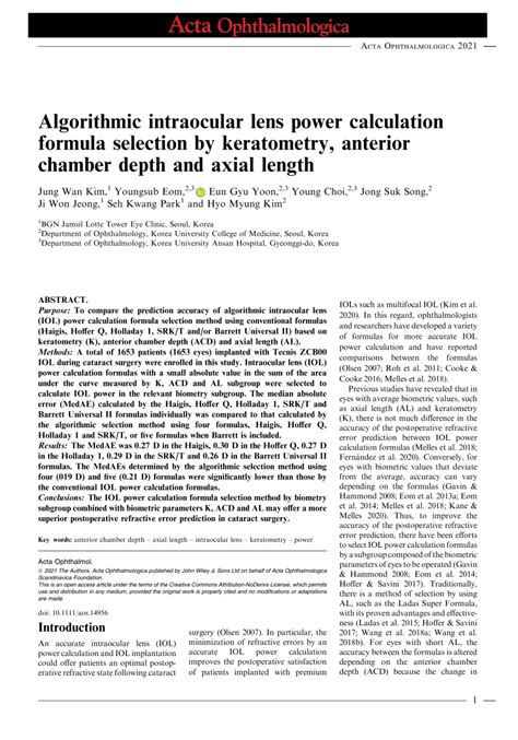 Pdf Algorithmic Intraocular Lens Power Calculation Formula Selection By Keratometry Anterior