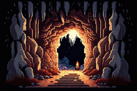 Pixel Art Cave Entrance Natural Tunnel With Rocks Trees And Vegetation Landscape 8 Bit Game Ai