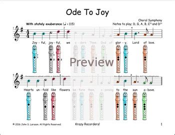 Recorder Sheet Music Ode To Joy By Recorder Songs And Lessons Tpt