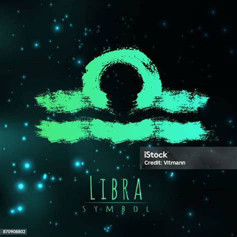 벡터의 빛나는 별과 공간 어두운 우주 배경에 추상 조디악 로그인 천칭 자리 천칭 자리 조디악 기호의 형태로 성운입니다 추상 브러쉬 스트로크 기호입니다 밝은 현대 그라데이션