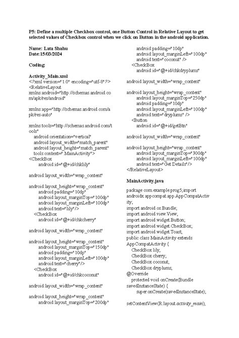 Program 5 Android P5 Define A Multiple Checkbox Control One Button Control In Relative