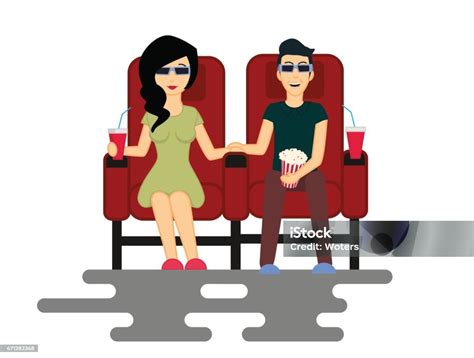 젊은 커플 남자와 여자는 극장에서 영화를 보고 있다 벡터 일러스트 레이 션 흰색 배경에 고립 개념에 대한 스톡 벡터 아트 및 기타 이미지 Istock