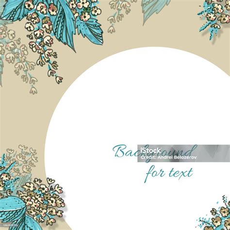 휴일에 대한 템플릿 배경입니다 베이지 라운드 배경 텍스트 펠트 펜 블루 녹색과 청록색 꽃은 웹 배너라인 아트 스타일의 잎 요소로 0명에 대한 스톡 벡터 아트 및 기타 이미지