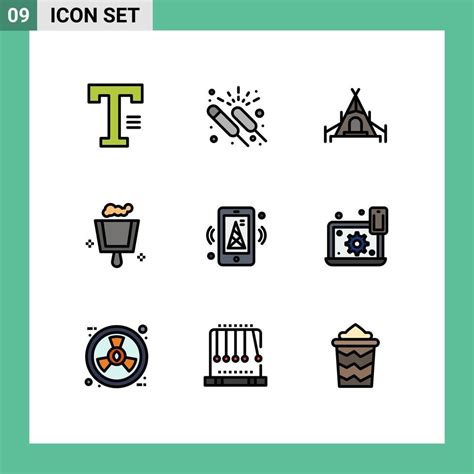 Set Of 9 Vector Filledline Flat Colors On Grid For Router Internet Night Sweep Broom Editable