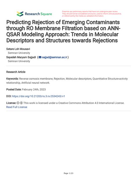 Pdf Predicting Rejection Of Emerging Contaminants Through Ro Membrane Filtration Based On Ann