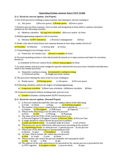 Operating System Answer Keys Csit 21104 Q 1 Encircle Correct Option