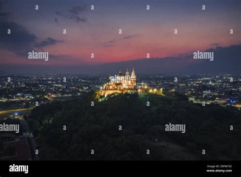 Aerial View Of The Illuminated Great Pyramid Of Cholula Crowned By The