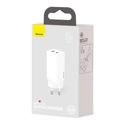 Baseus 65W seinälaturi, USB-C ja USB-A - valkoinen - MacPiste