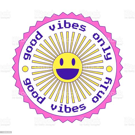 소녀 Y2k 스티커 햇볕이 잘 드는 웃는 얼굴과 단어 좋은 분위기가있는 둥근 패치 레트로 픽셀 글꼴 밝은 산성 색상의 텍스트 그래픽 요소 흰색에 고립 된 간단한 벡터