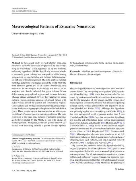 Pdf Macroecological Patterns Of Estuarine Nematodes