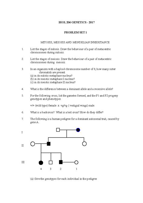 Problem Set 1 Biol 206 Genetics 2017 Problem Set 1 Mitosis Meiosis And Mendelian Inheritance