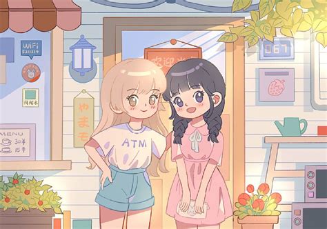二次元可爱插画 咖啡店门口阿彤木插画 站酷zcool