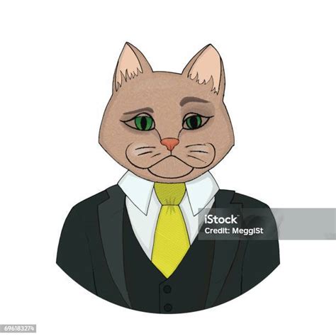 Catman 보스입니다 남자와 고양이의 하이브리드입니다 패션 사무 사람의 초상화입니다 애완고양이에 대한 스톡 벡터 아트 및 기타 이미지 애완고양이 경영자 공사장 감독