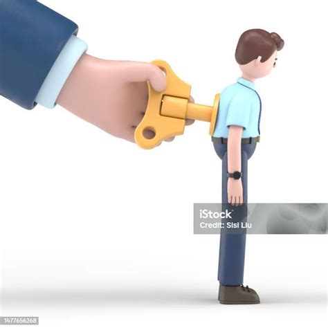 3d 큰 손 돌리는 3d 큰 손은 흰색 배경에 렌더링3d 웃는 아시아 남자 펠릭스의 3d 그림에 열쇠를 감습니다 마리오네트에 대한 스톡 사진 및 기타 이미지 Istock