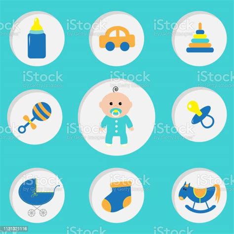 병 말 고무 젖꼭지 양말 자동차 장난감 아기 마차 피라미드와 아기 소년 샤워 카드 그것은 소년 라운드 아이콘 세트입니다 파란색 배경입니다 평면 디자인입니다 개체 그룹에 대한