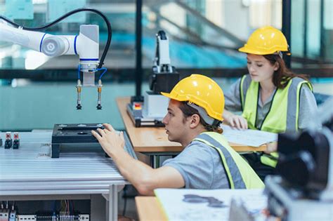 Trainees Programing Robotic Arm In Practical Lesson At Robotics Academy