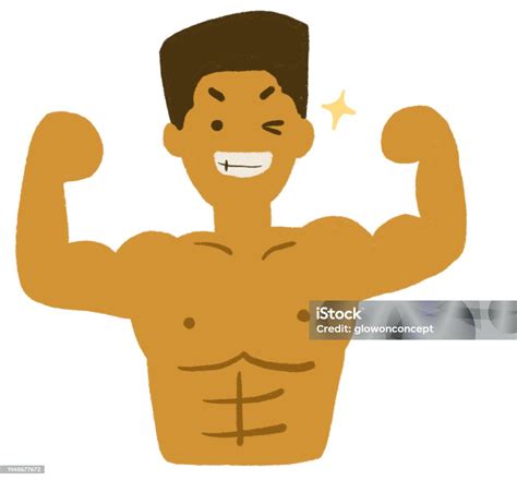 근육과 식스 팩을 가진 행복 한 매력적인 트레이너 남자는 슬프게 귀여운 만화 캐릭터 그림 6개 들이에 대한 스톡 벡터 아트 및 기타 이미지 6개 들이 일러스트레이션