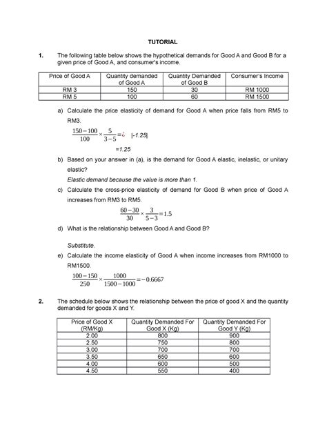 Tutorial Chapter 3 Elasticity TUTORIAL 1 The Following Table Below Shows The Hypothetical