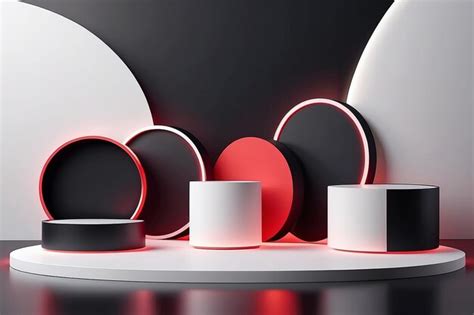 set of realistic 3d background with cylinder podium black red white