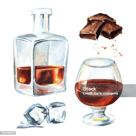 반 알코올 음료 위스키 또는 브랜디 또는 코냑과 얼음 조각과 초콜릿 바 세트로 채워진 병과 유리 흰색 배경에 격리 된 수채화 손으로 그린 그림 병에 대한 스톡 벡터 아트 및