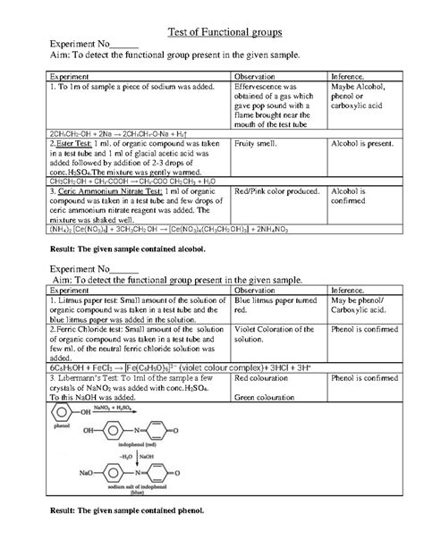 XII Practicals Functional Group Test Of Functional Groups Experiment No Aim To Detect