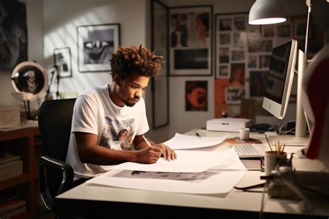Premium Photo A Man Sitting At A Desk In Front Of A Computer