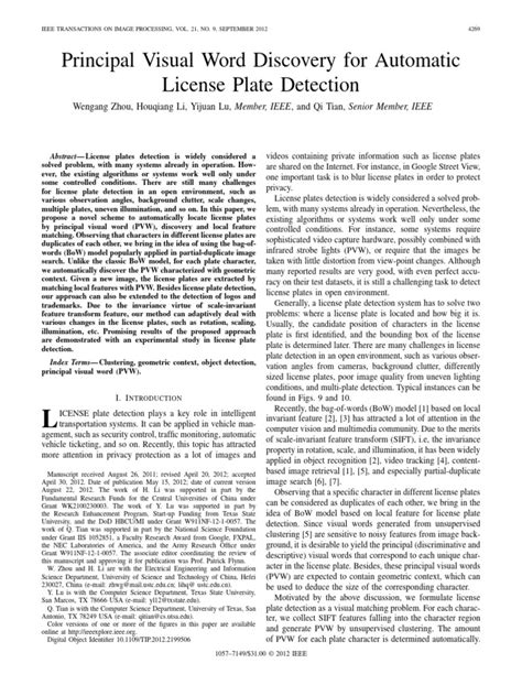 2012 Principal Visual Word Discovery For Automatic License Plate Detection Pdf Computer