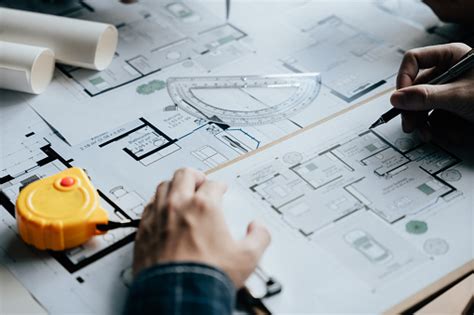 주택 및 건물의 설계 건축 및 엔지니어링에 관한 서류 작업 및 평면도 도면에 대한 비용 추정을 위해 브레인 스토밍 및 측정을 수행하는 손을 클로즈업하십시오 감독에 대한 스톡