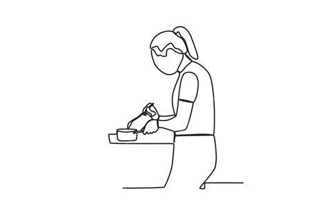 Dibujo De Una Sola Línea Continua De Mujer Revolviendo Alimentos