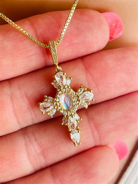 Elegant 14k Gold Filled Crystal Cross Necklace Iridescent Center Box