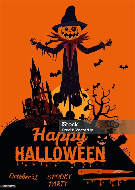 해피 할로윈 포스터 무서운 미소 호박 밤 묘지 유령어두운 성 유령 마녀 검은 고양이 보름달 벡터 일러스트 만화 스타일 배너 섬뜩한에 대한 스톡 벡터 아트 및 기타 이미지