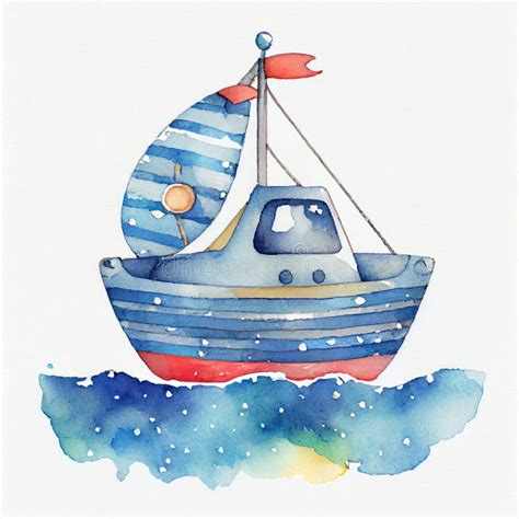 Cute Watercolor Boat On White Background Cartoon Style Generative Ai