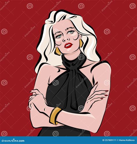 Cartoon Portrait Of A Beautiful Blonde Woman In A Black Dress With Gold