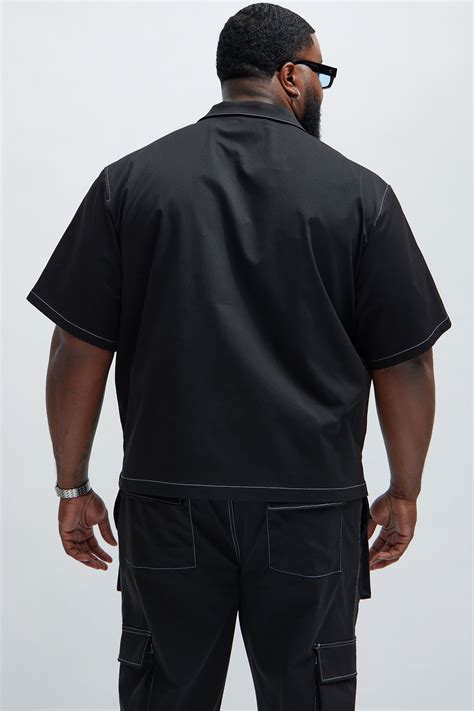 Curtis Contrast Stitch Boxy Shirt Black Fashion Nova