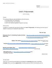 Unit Activity Unit 6 Polynomials Docx Algebra 1 Sem B Unit 6 Unit Activity 1 Babe