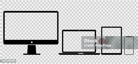 데스크톱 컴퓨터 노트북 태블릿 빈 화면이있는 스마트 폰 아이콘은 빈 화면이 새로운 제품 프로모션 광고 벡터 일러스트레이션을 위해 Png 또는 투명 한 배경을 분리합니다